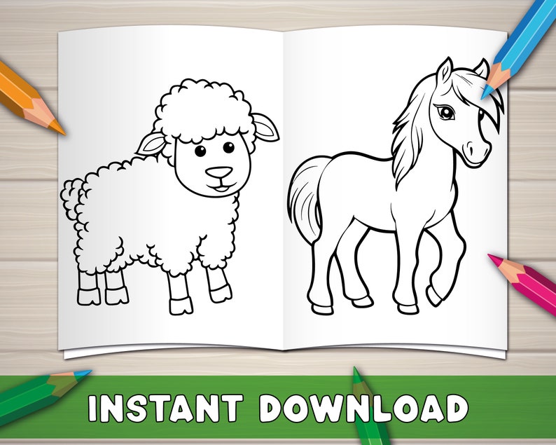 Coloring Pages for Kids, 15 Pages Farm Animals Digital Coloring Book ...
