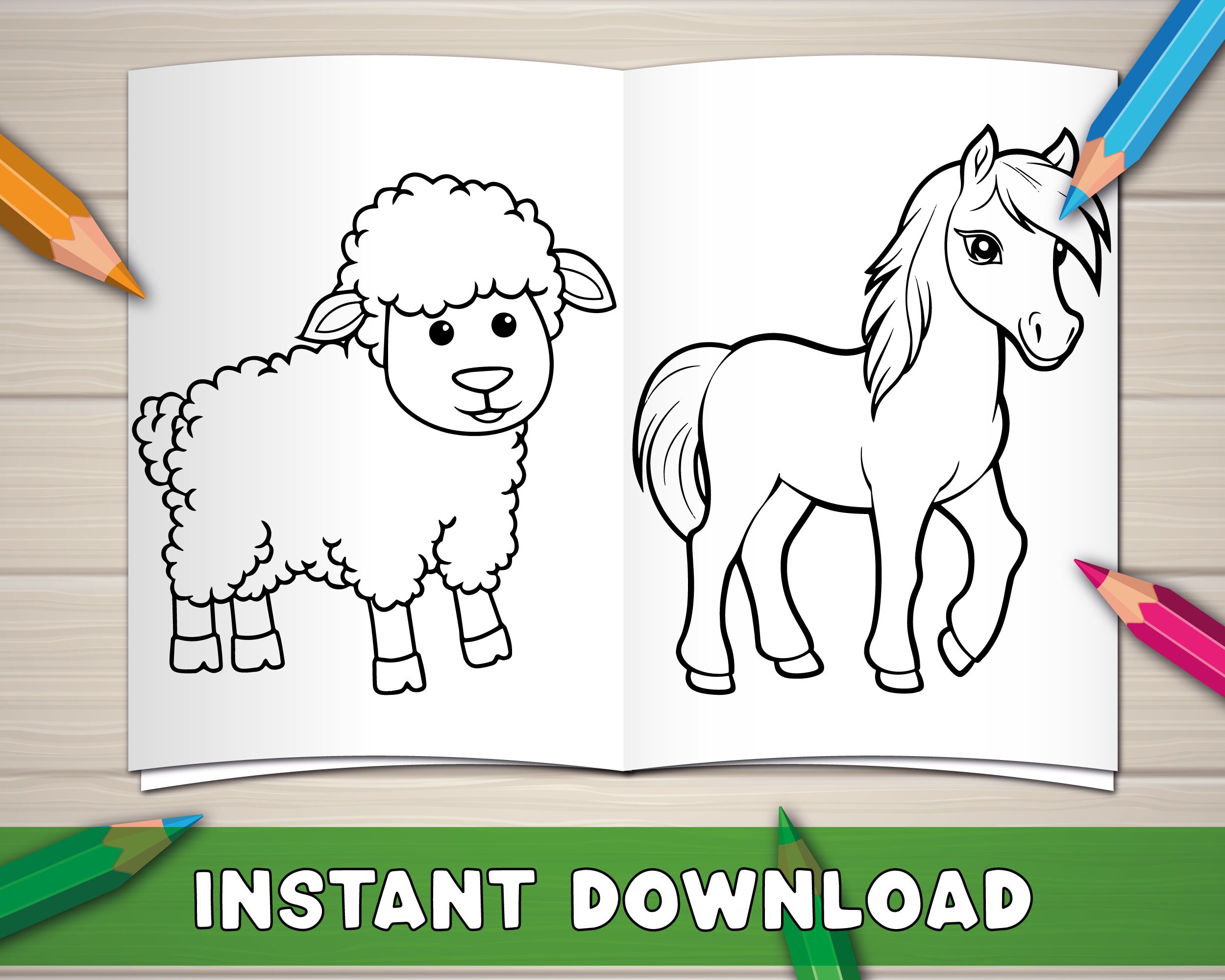 Coloring Pages for Kids, 15 Pages Farm Animals Digital Coloring Book ...