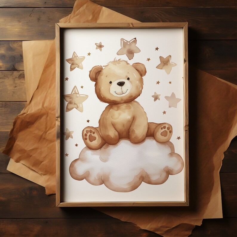 Personalised Nursery Wall Art, Teddy Bears on Clouds, Cute Watercolor ...