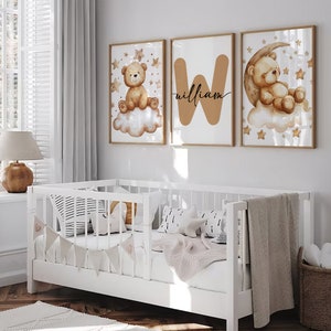 Personalised Nursery Wall Art, Teddy Bears on Clouds, Cute Watercolor ...