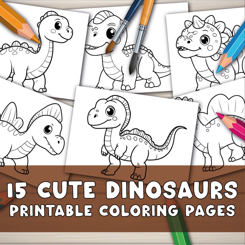 Coloring Pages for Kids, 15 Pages Cute Dinosaurs Digital Coloring Book ...