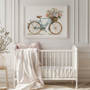 Nursery Wall Art, Watercolor Cute Vintage Bike With Flower Basket ...