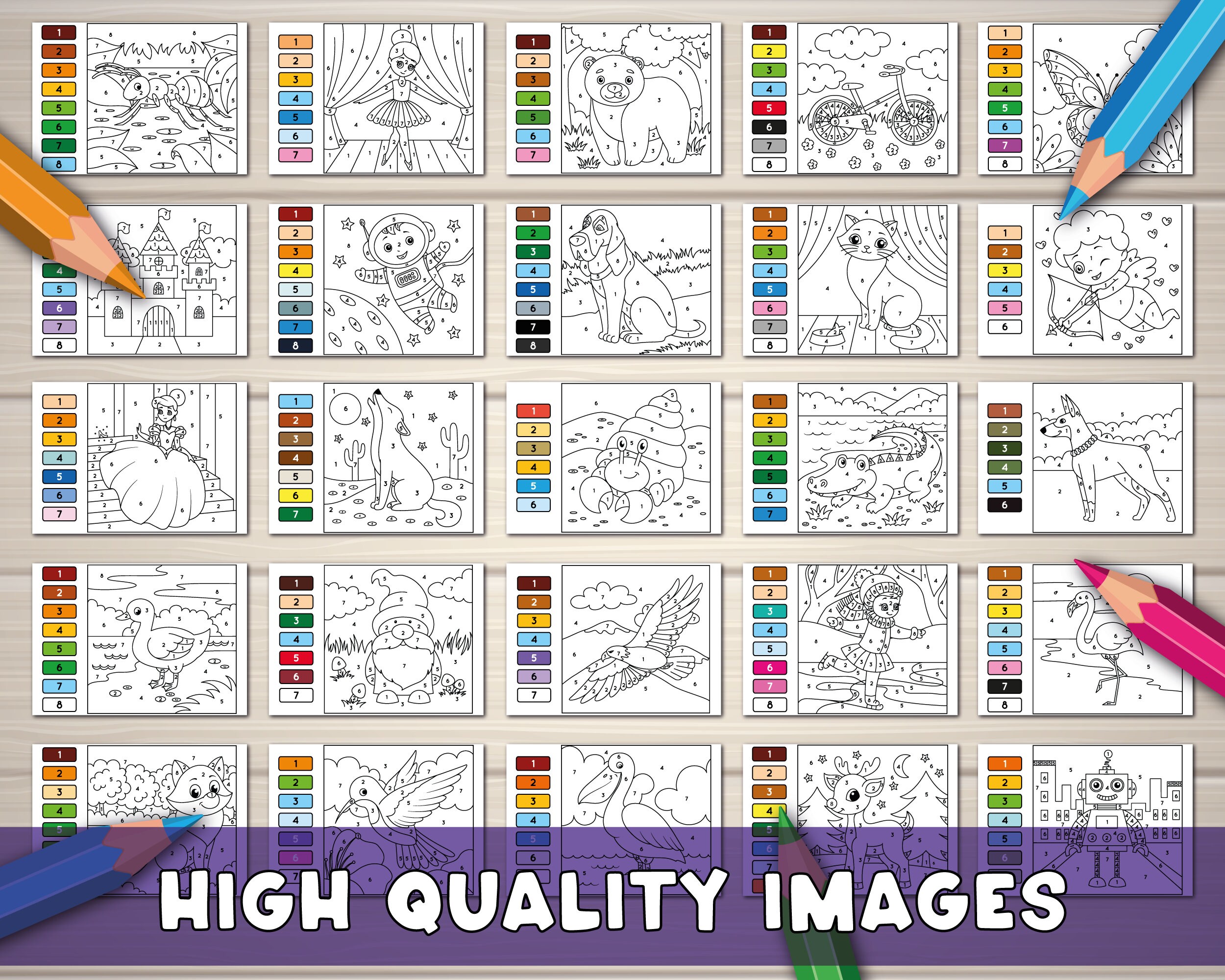 Color by Number Coloring Pages for Kids, 30 Pages Digital Coloring Book ...
