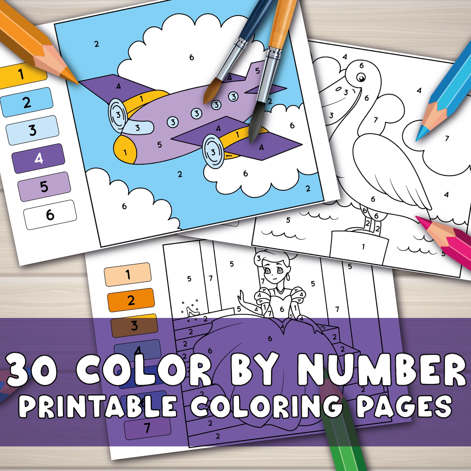 30 Color by Number Printable Coloring Pages, Kids Activity (digital ...