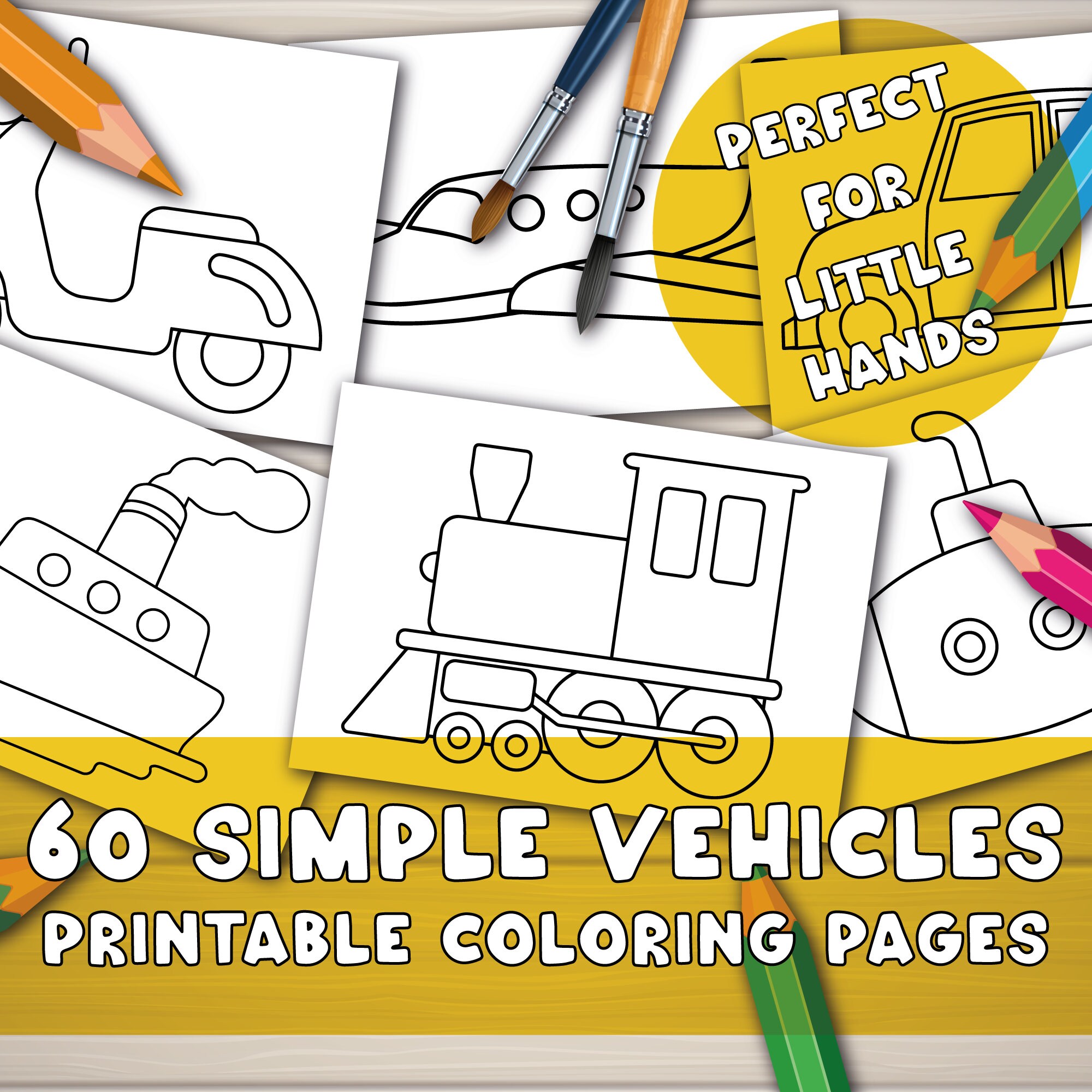 Simple Coloring Pages for Kids, Printable 60 Pages Vehicle Digital ...