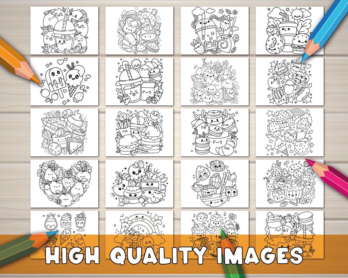 Kawaii Foods Coloring Pages for Kids, 20 Pages Cute Digital Coloring ...