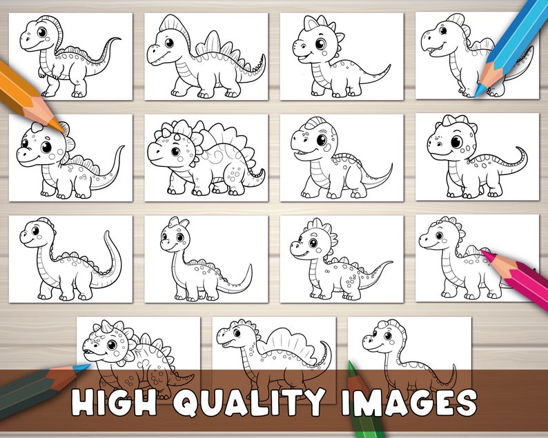Coloring Pages for Kids, 15 Pages Cute Dinosaurs Digital Coloring Book ...