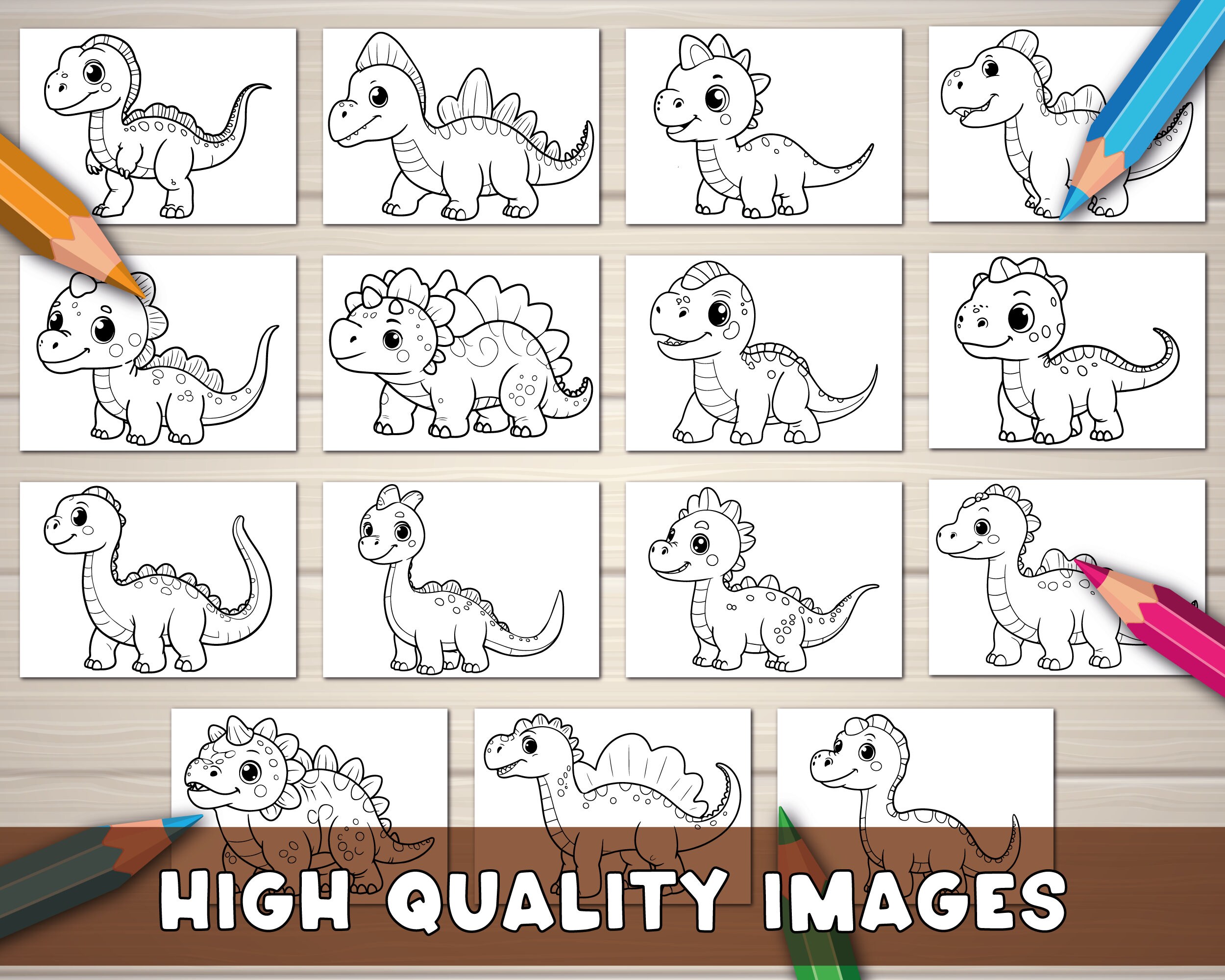 Coloring Pages for Kids, 15 Pages Cute Dinosaurs Digital Coloring Book ...