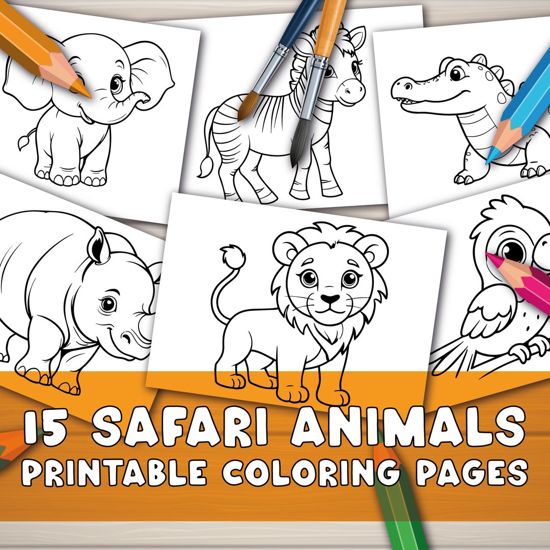 Coloring Pages for Kids, 15 Pages Safari Animals Digital Coloring Book ...