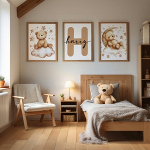 Personalised Nursery Wall Art, Teddy Bears on Clouds, Cute Watercolor ...