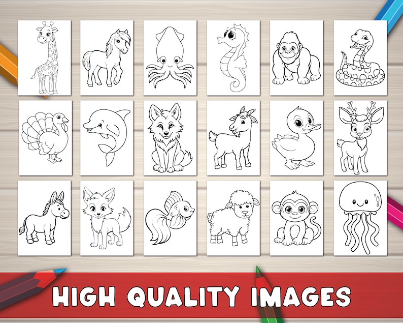 Coloring Pages for Kids, 50 Pages Animals Digital Coloring Book Pack ...