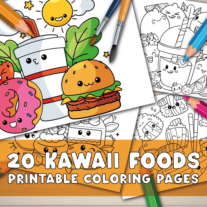 Kawaii Foods Coloring Pages for Kids, 20 Pages Cute Digital Coloring ...
