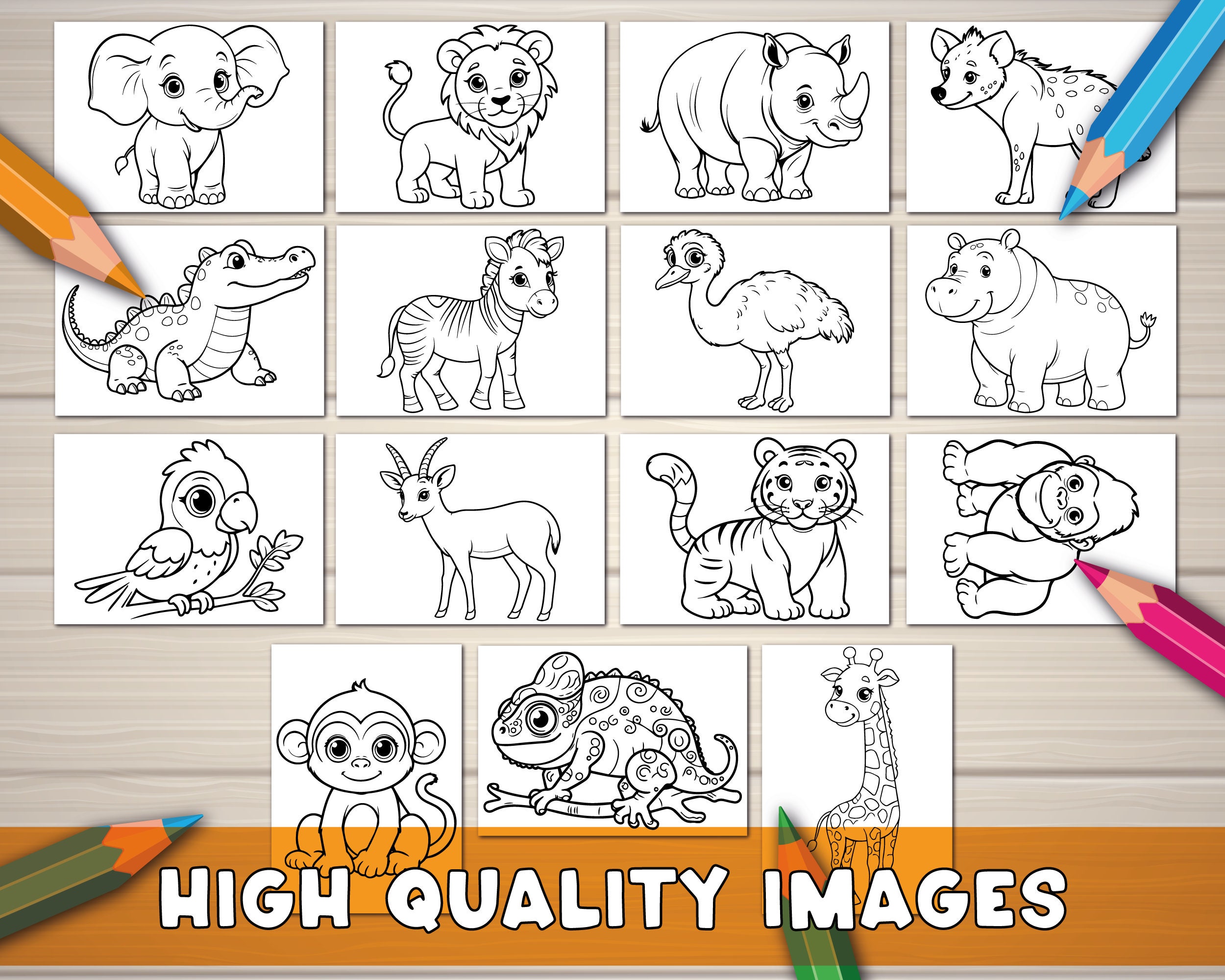 Coloring Pages for Kids, 15 Pages Safari Animals Digital Coloring Book ...
