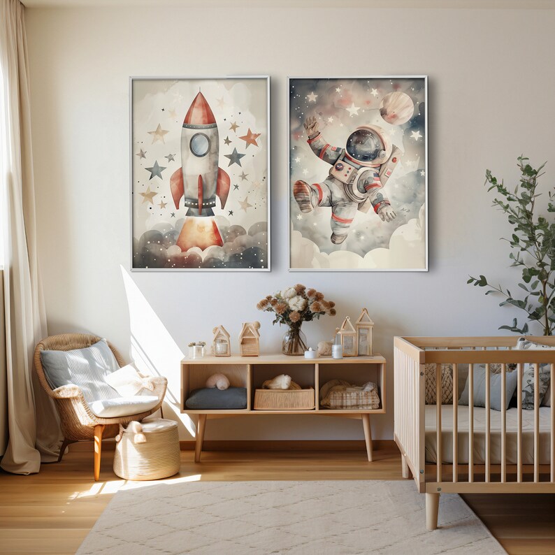 Nursery Wall Art, Outer Space Prints Set of 2, Rocket Ship and ...