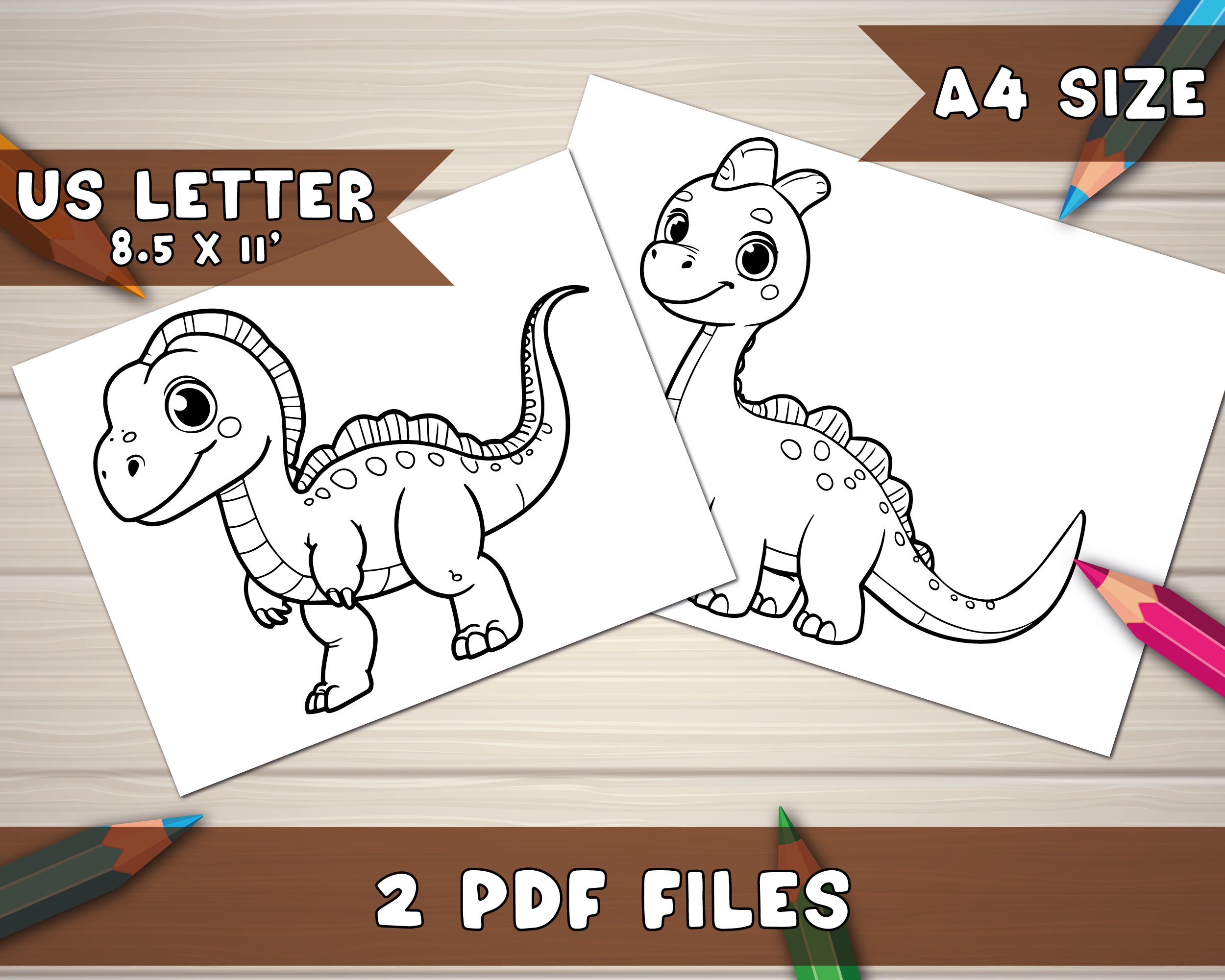 Coloring Pages for Kids, 15 Pages Cute Dinosaurs Digital Coloring Book ...