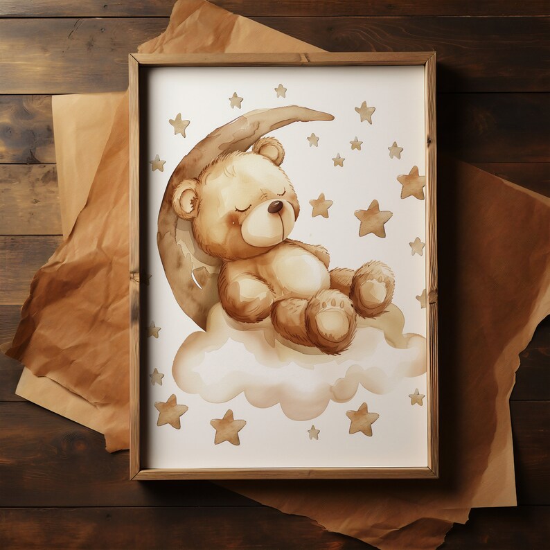 Personalised Nursery Wall Art, Teddy Bears on Clouds, Cute Watercolor ...