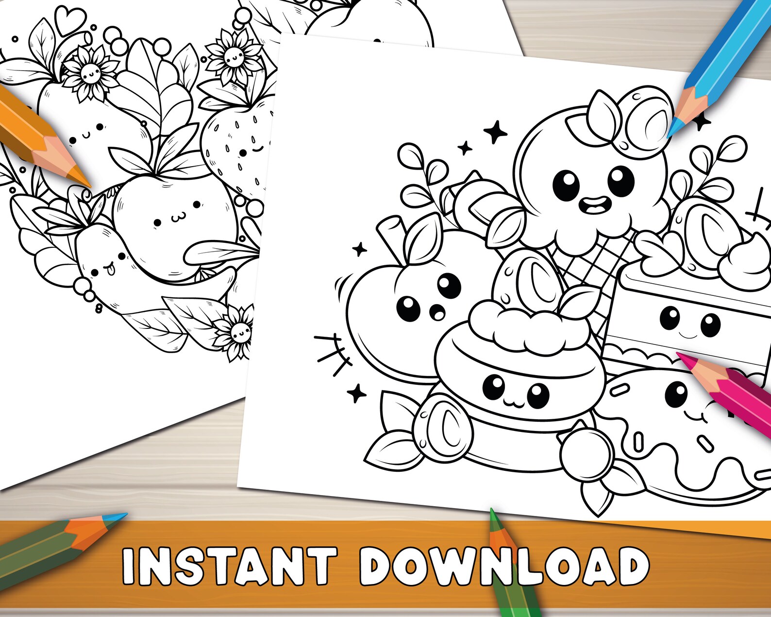 Kawaii Foods Coloring Pages for Kids, 20 Pages Cute Digital Coloring ...