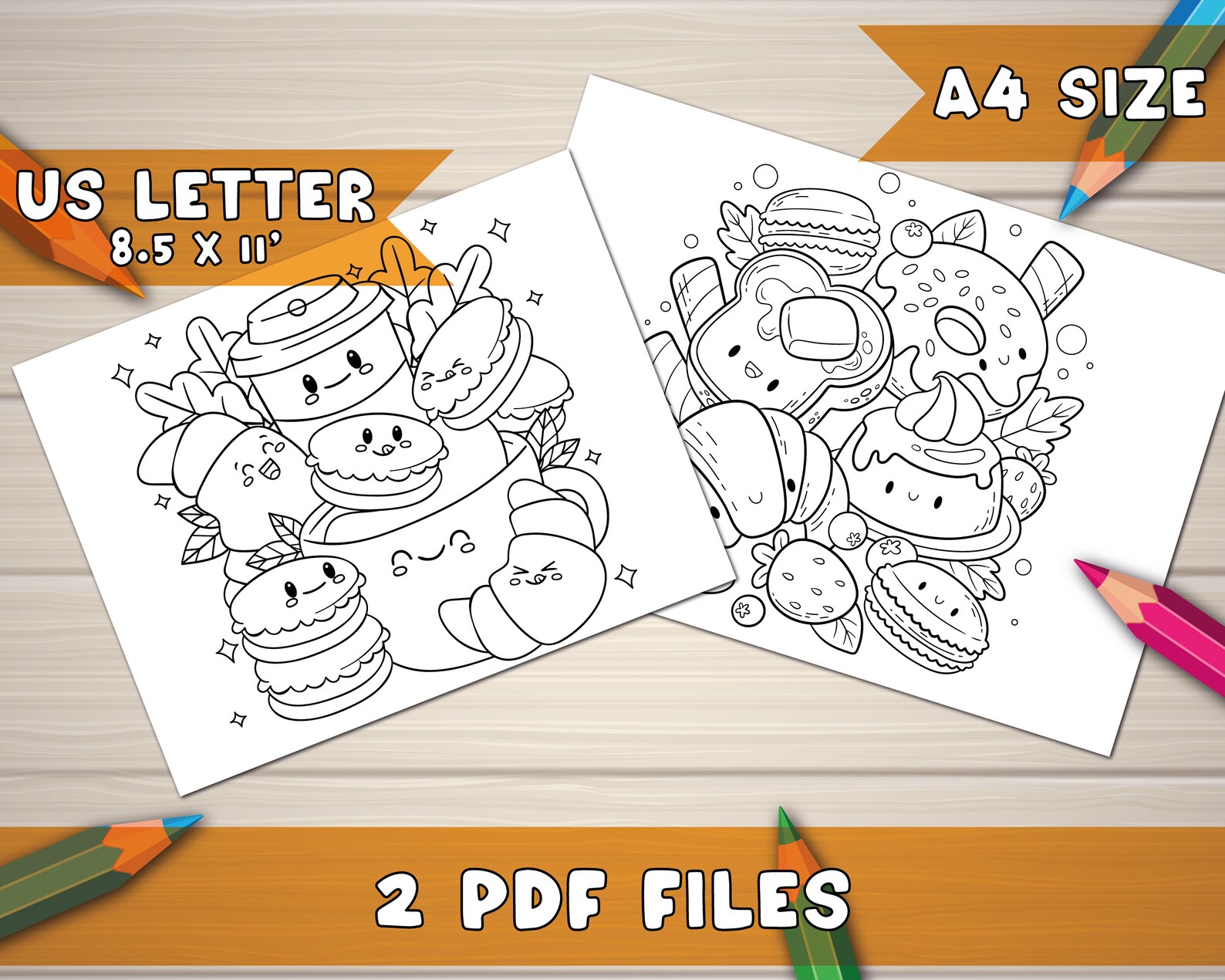 Kawaii Foods Coloring Pages for Kids, 20 Pages Cute Digital Coloring ...