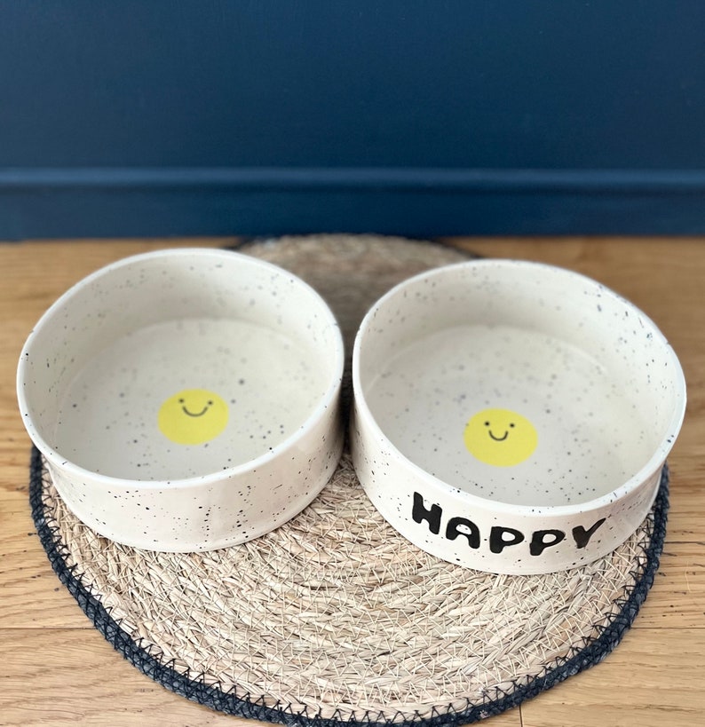 Personalised Speckled Pet Bowl Happy Face Handmade Ceramic Personalised ...
