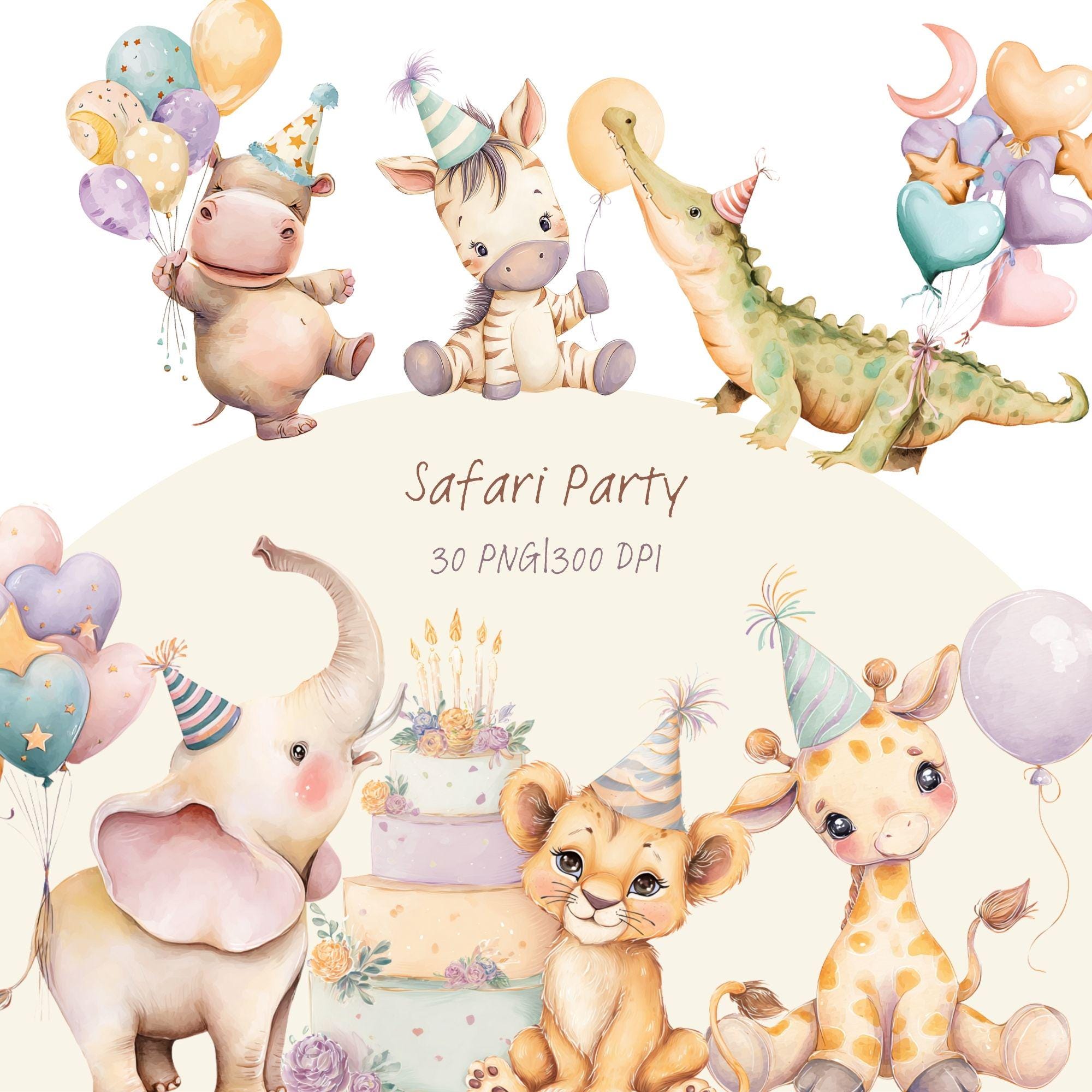 Watercolor Safari Animals Birthday Clipart: Pastel Balloons PNG ...