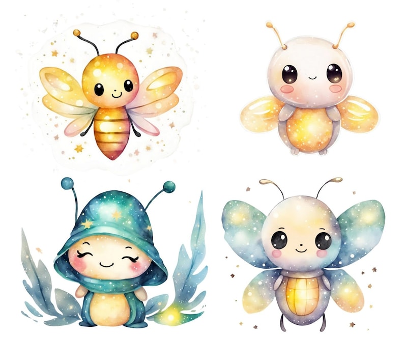 Cute Firefly Clipart, Watercolor Fireflies Clipart, Cute Insects PNG ...