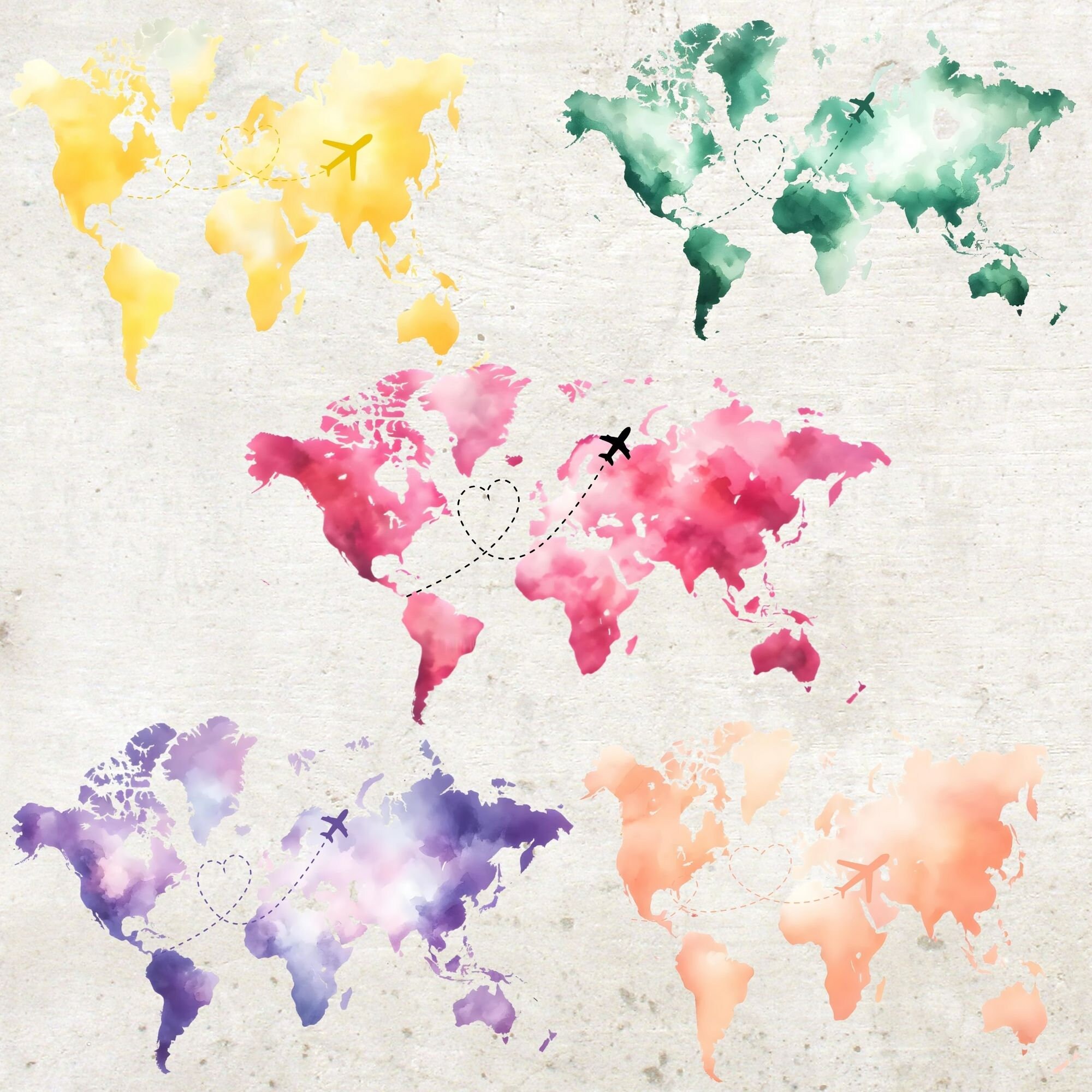 Watercolor World Map Clipart: Airplane Route PNG (digital Download) - Etsy