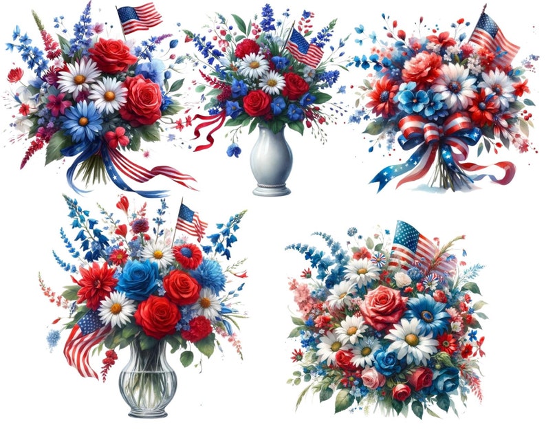 4th of July Clipart, Star Spangled Flower Bouquet Clipart, 4th of July ...