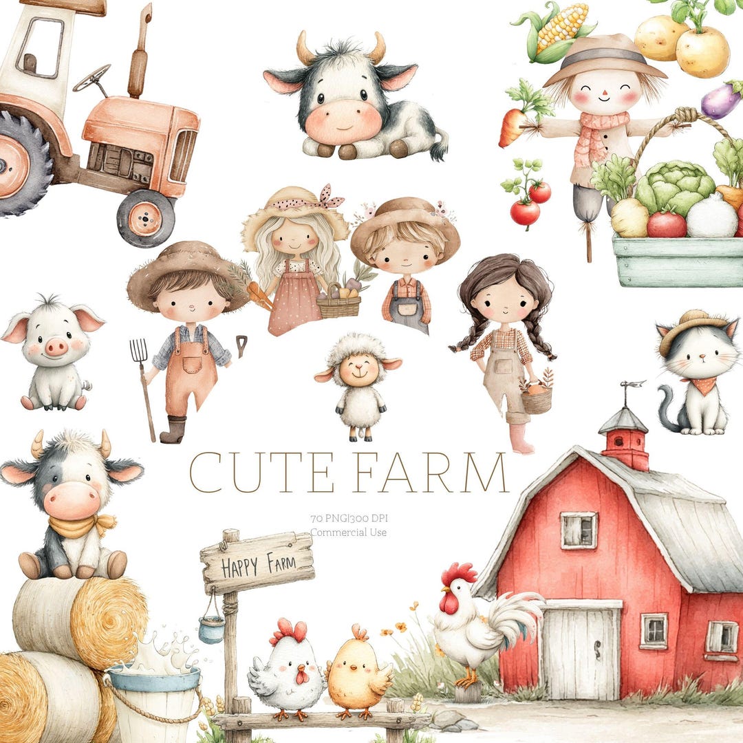 Cute Farm Clipart, Cute Farm Animals PNG, Cute Cow, Pig, Chicken PNG ...