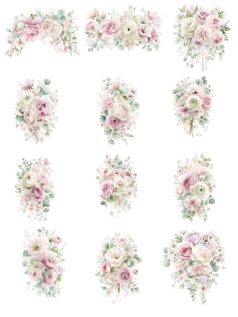 Watercolor Blush Pink Rose Clipart: Floral Bouquets, Stems - Etsy