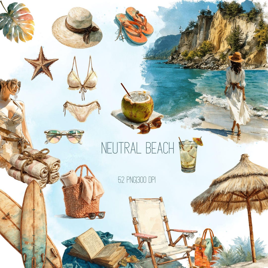 Watercolor Beach Clipart: Neutral Ocean, Palm, Shells - 52 PNG Files - Etsy
