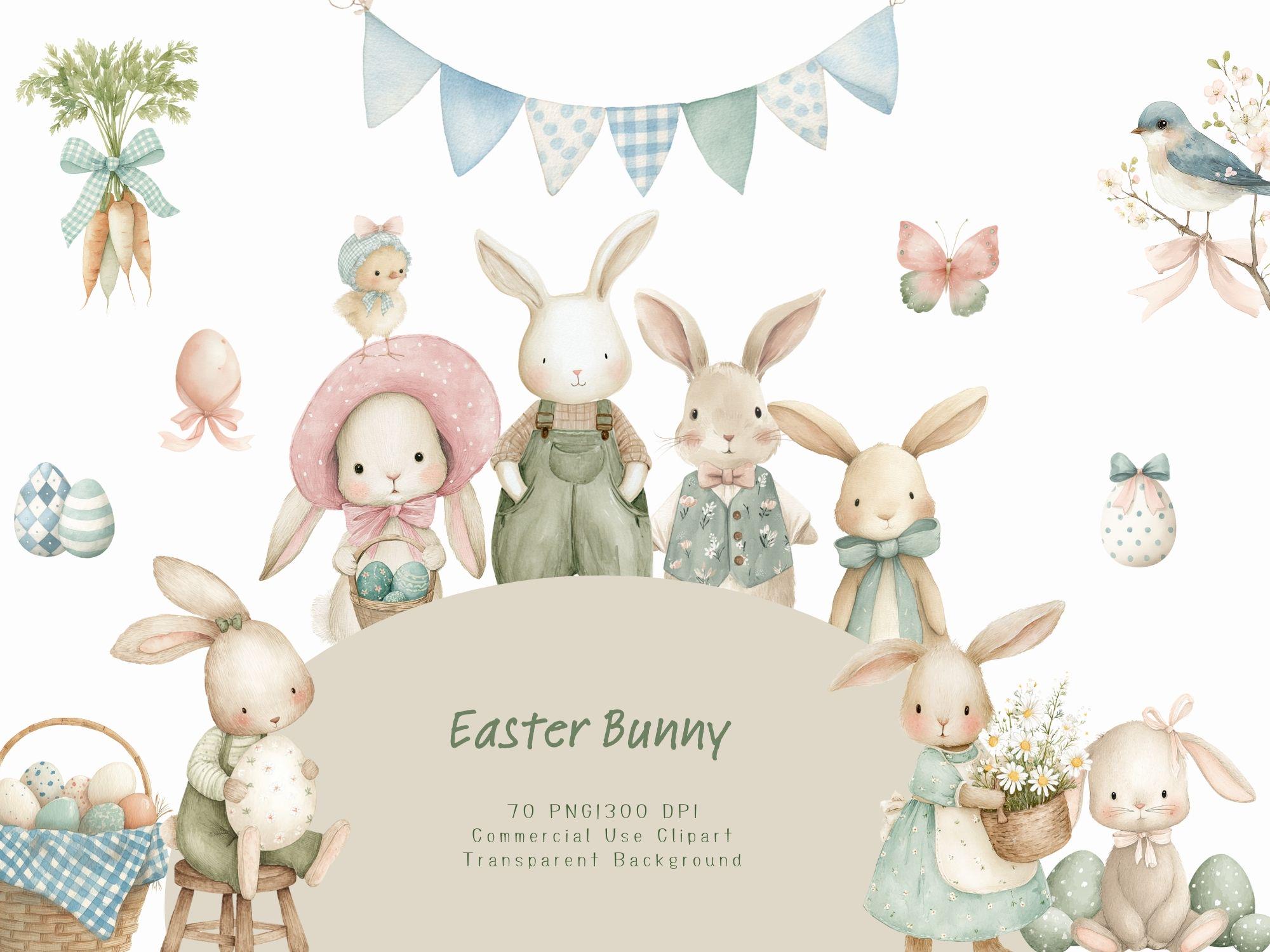 Watercolor Easter Bunny Clipart, Vintage Pastel Bunnies PNG, Spring ...