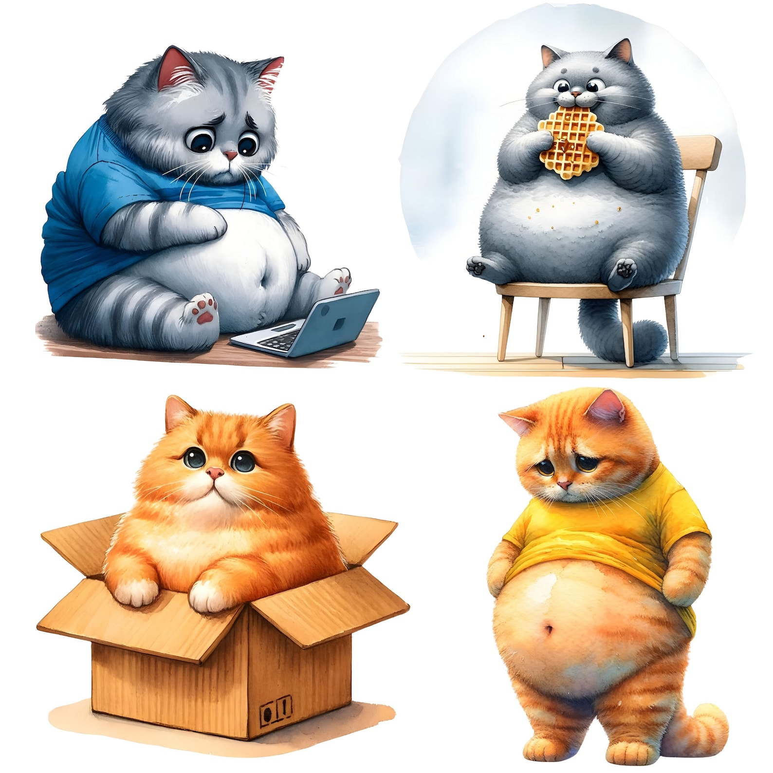 Watercolor Chubby Cat Clipart: Funny Orange Tabby PNG - Etsy