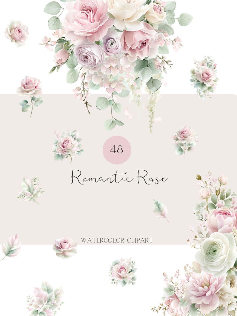 Watercolor Blush Pink Rose Clipart: Floral Bouquets, Stems - Etsy