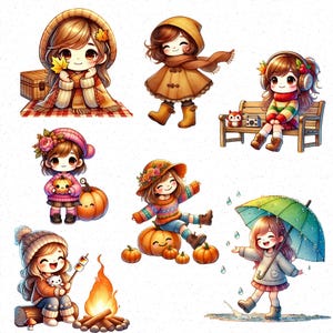 Watercolor Autumn Girl Clipart, Cute Chibi Fall Girl Clipart, Fall ...