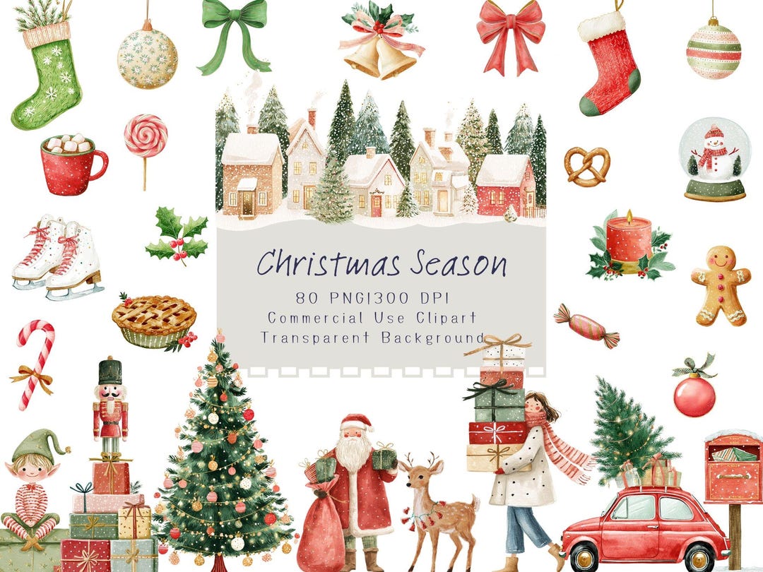 Watercolor Christmas Clipart Bundle: Whimsical Holiday PNG Elements - Etsy