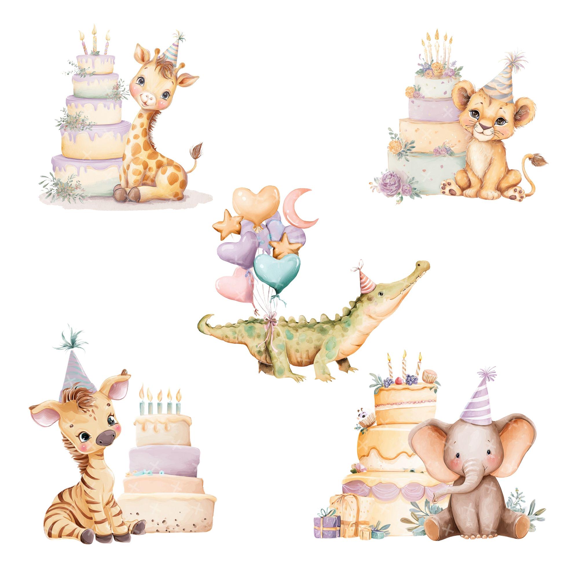 Watercolor Safari Animals Birthday Clipart: Pastel Balloons PNG ...