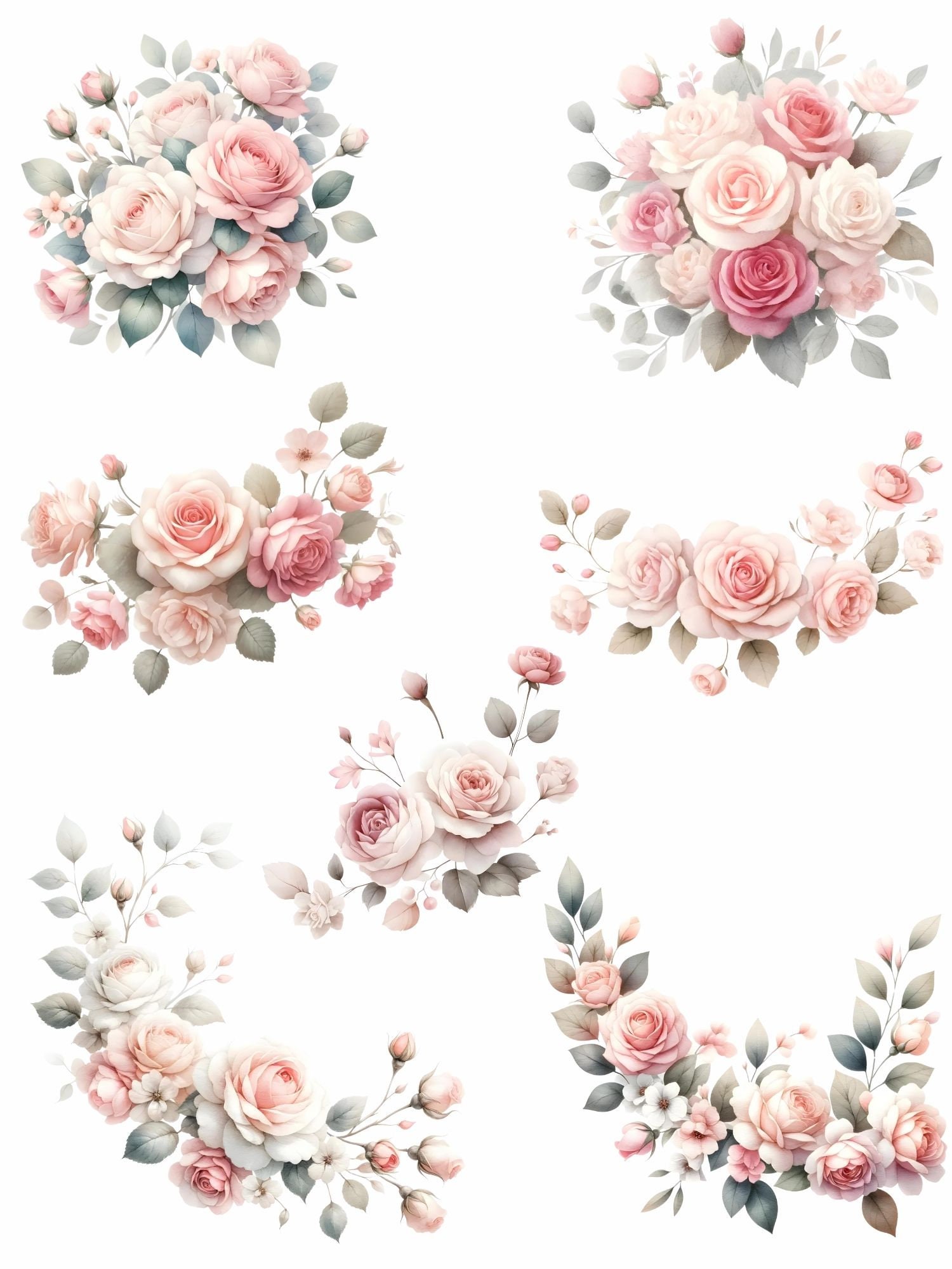 Watercolor Pink Rose Clipart: Floral Bouquet PNG - Etsy