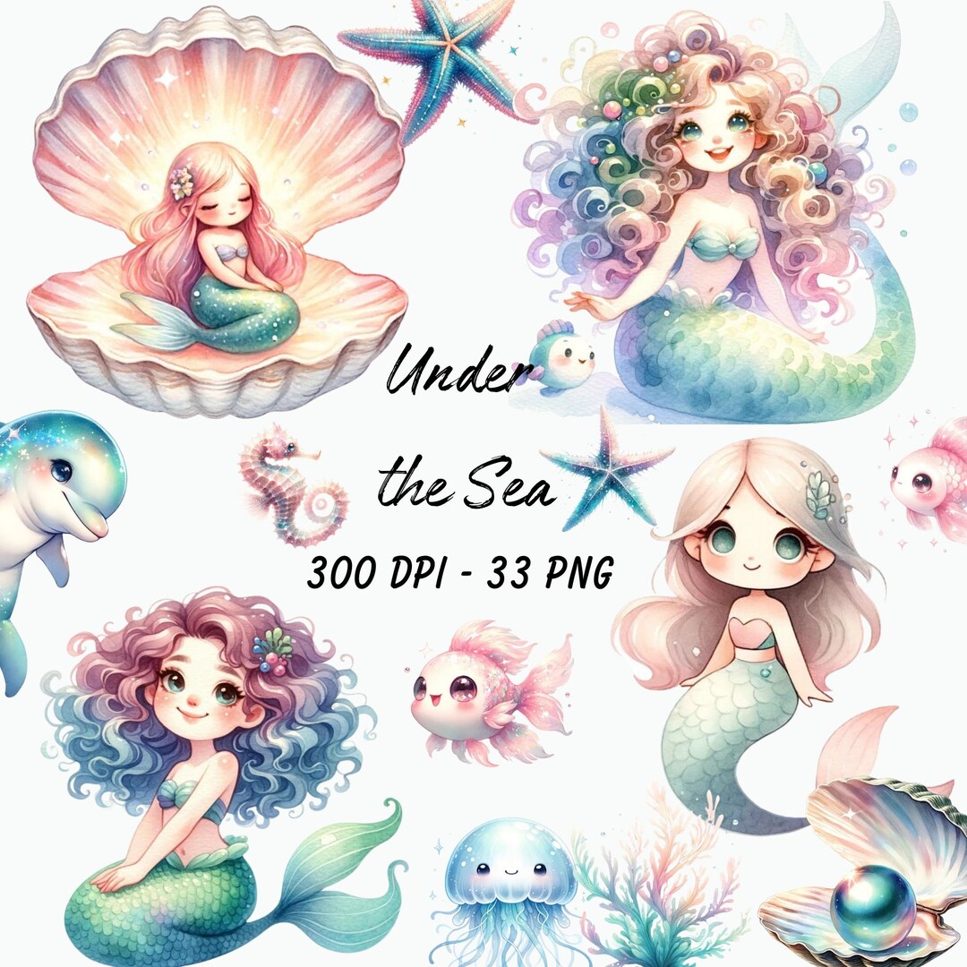 Watercolor Cute Mermaid Bundle | Mermaid PNG | Mermaid Clip Art Set ...