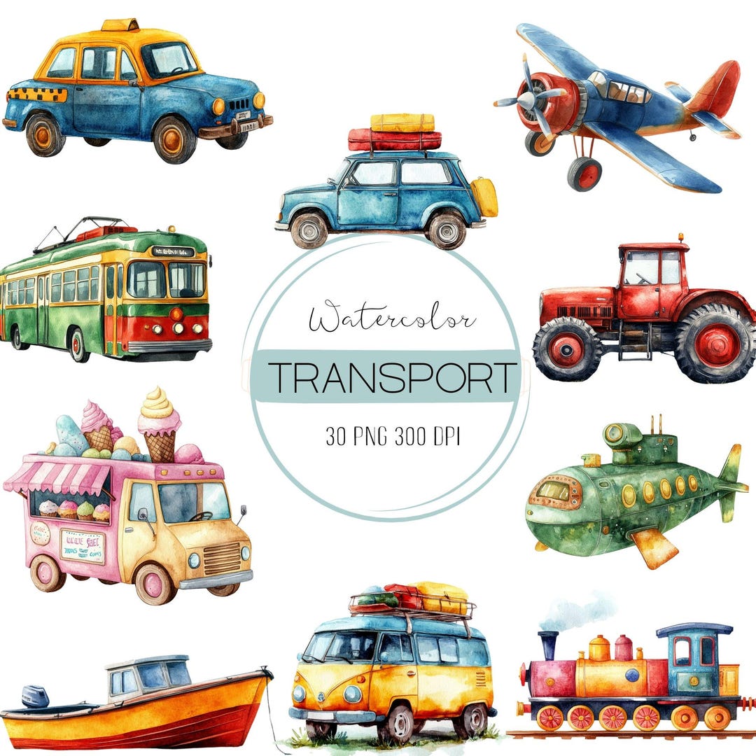 Watercolor Transport Clipart, Vehicle Clipart, Cars Nursery Art ...