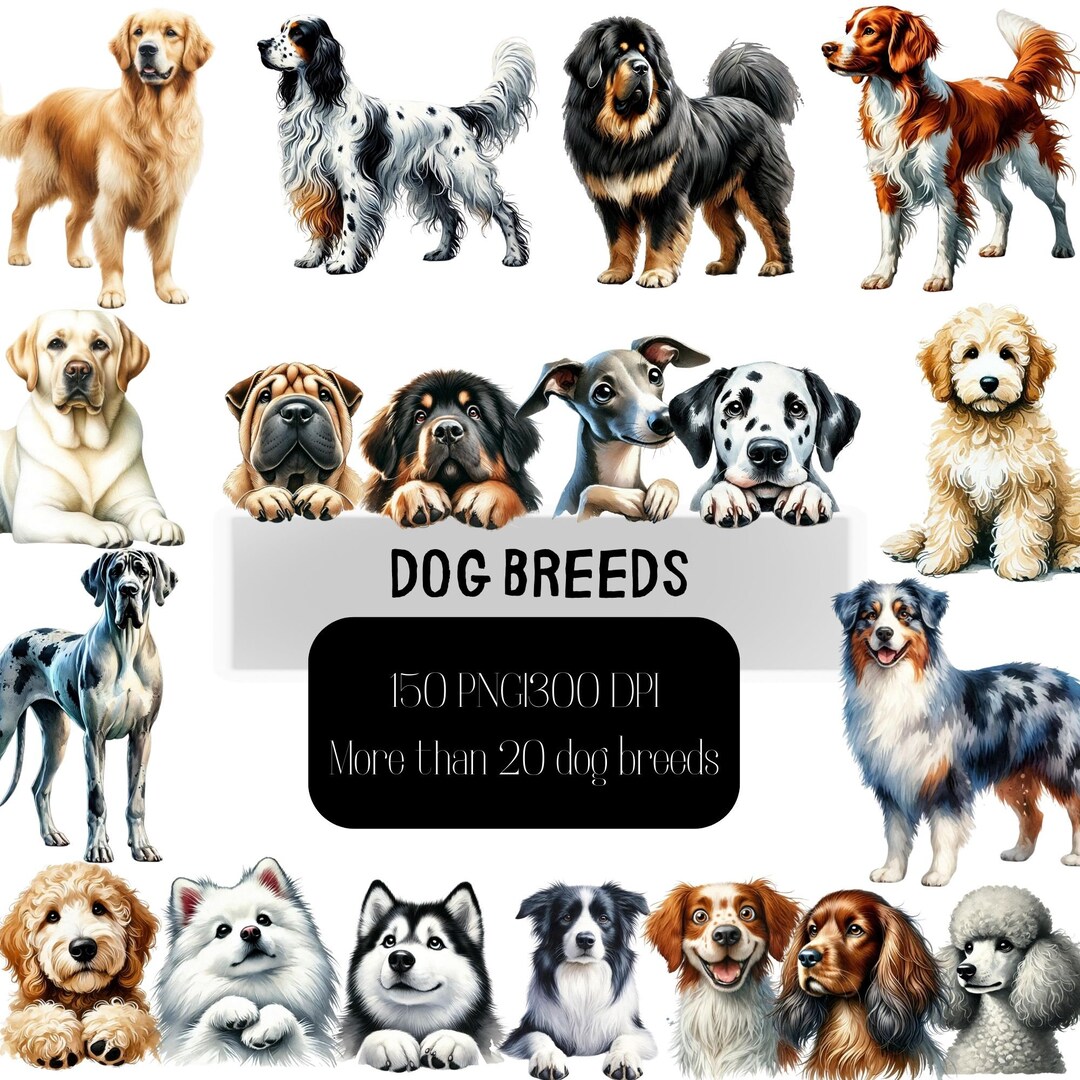 Watercolor Dog Clipart, Cute Dog PNG, Dog Breeds Clipart, Puppy Clipart ...