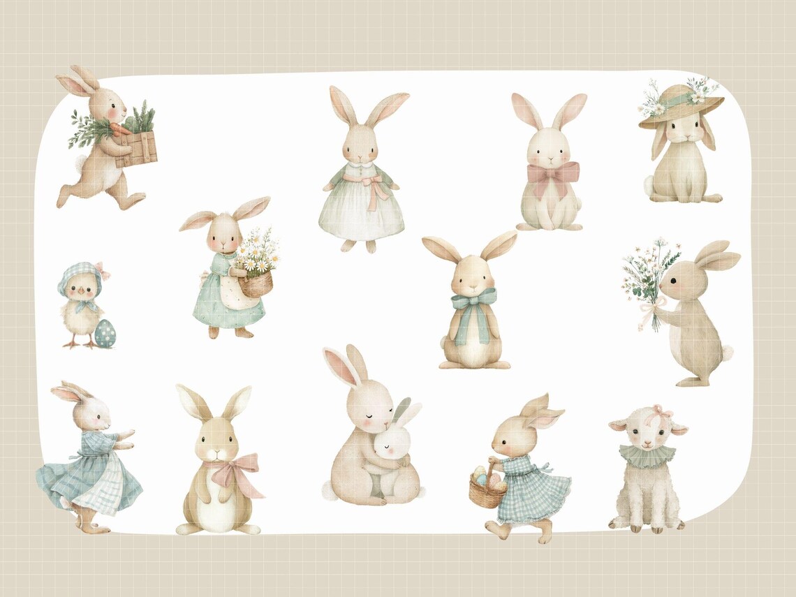 Watercolor Easter Bunny Clipart, Vintage Pastel Bunnies PNG, Spring ...