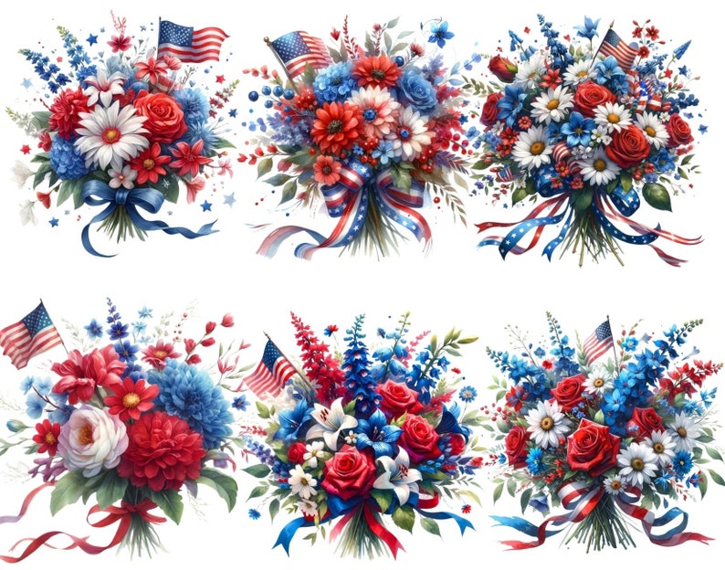 4th of July Clipart, Star Spangled Flower Bouquet Clipart, 4th of July ...