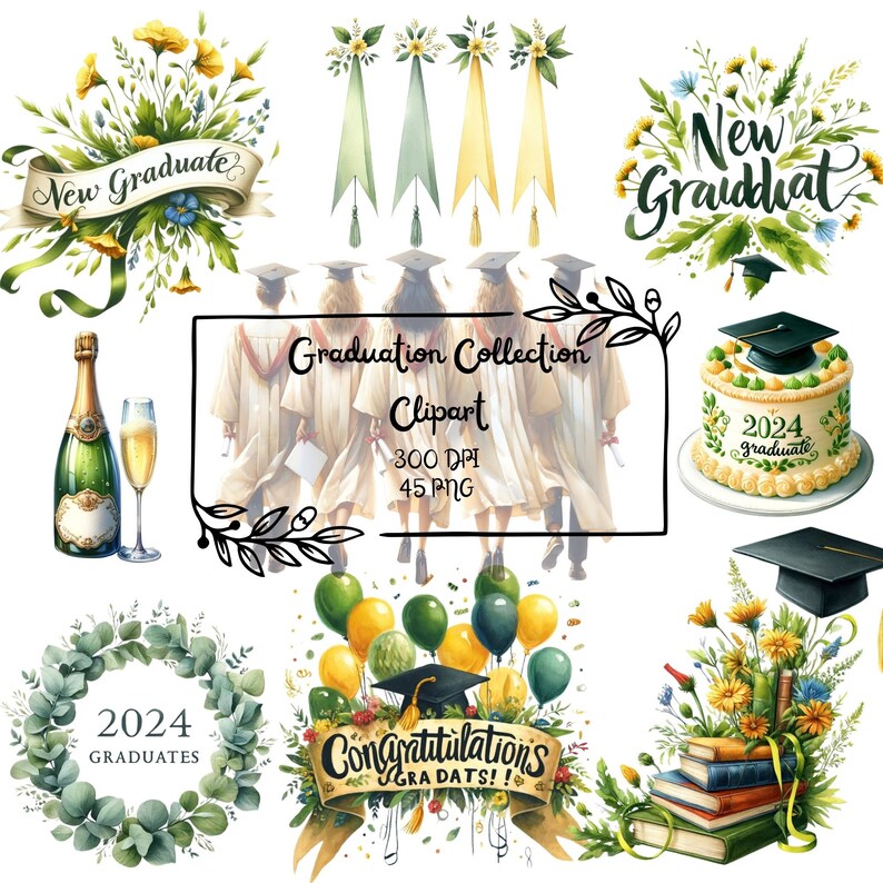 Watercolor Graduation Clipart Grad Floral Clipart Class of 2024 ...