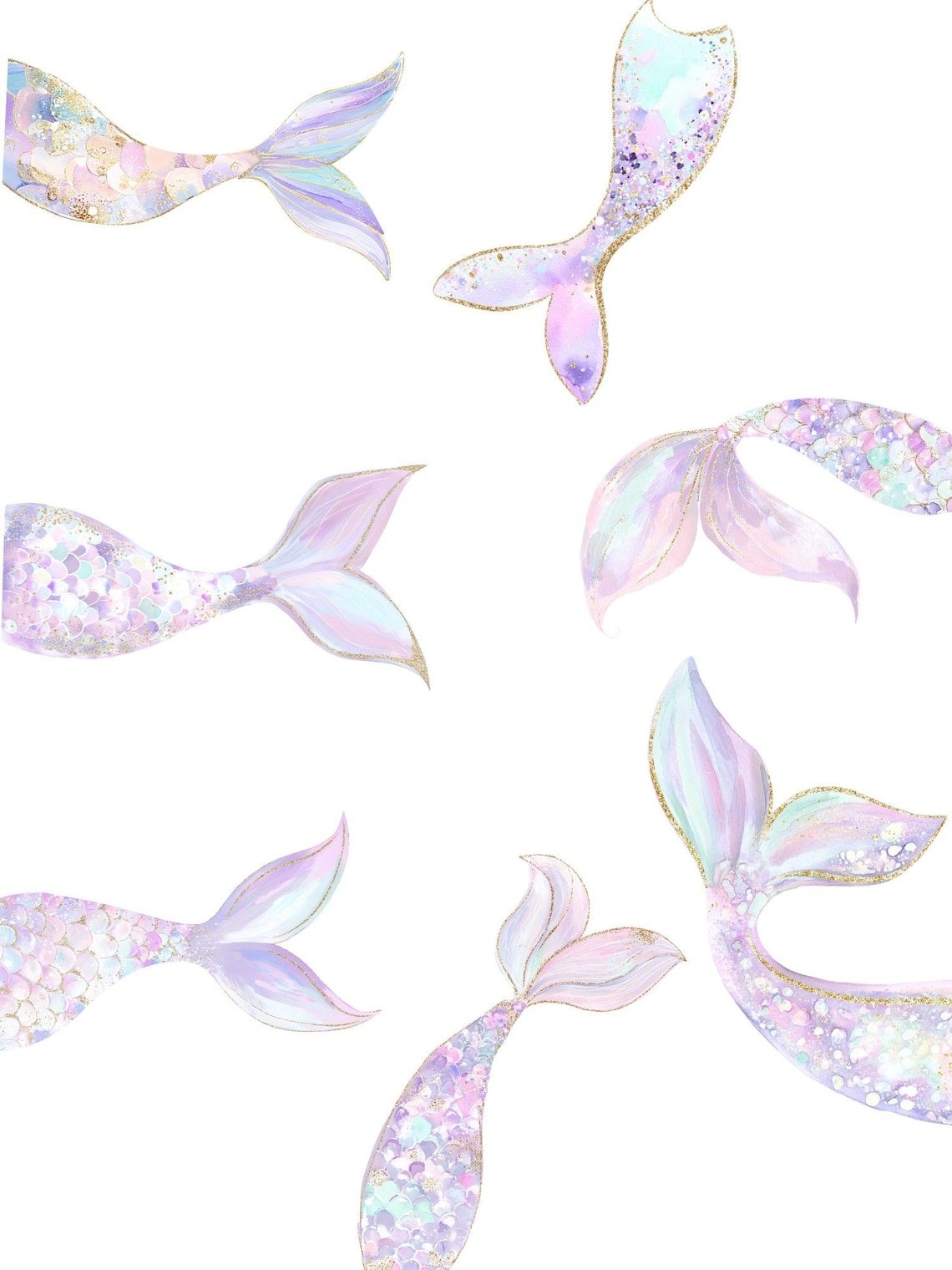 Watercolor Mermaid Tail Clipart Set: Pastel Fins, Glitter (PNG, JPG ...