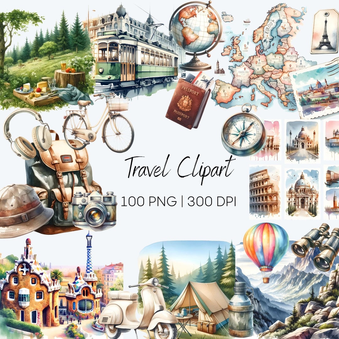 Watercolor Travel Clipart: Vacation & Camping Scenes (PNG) - Etsy