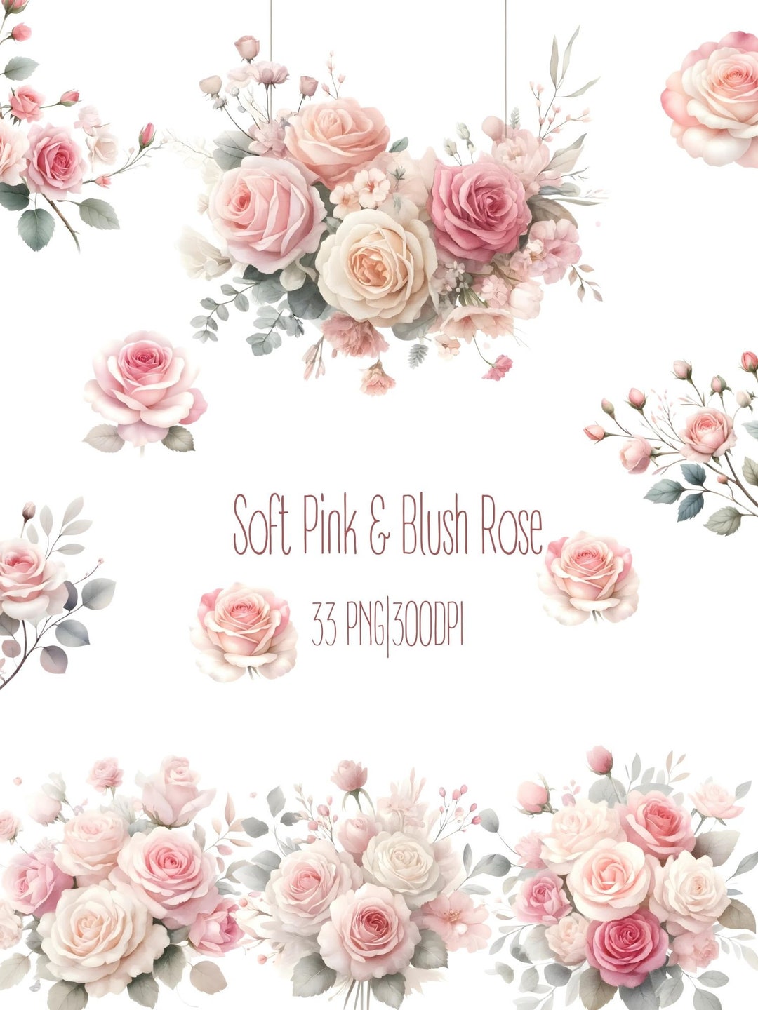 Watercolor Pink Rose Clipart: Floral Bouquet PNG - Etsy