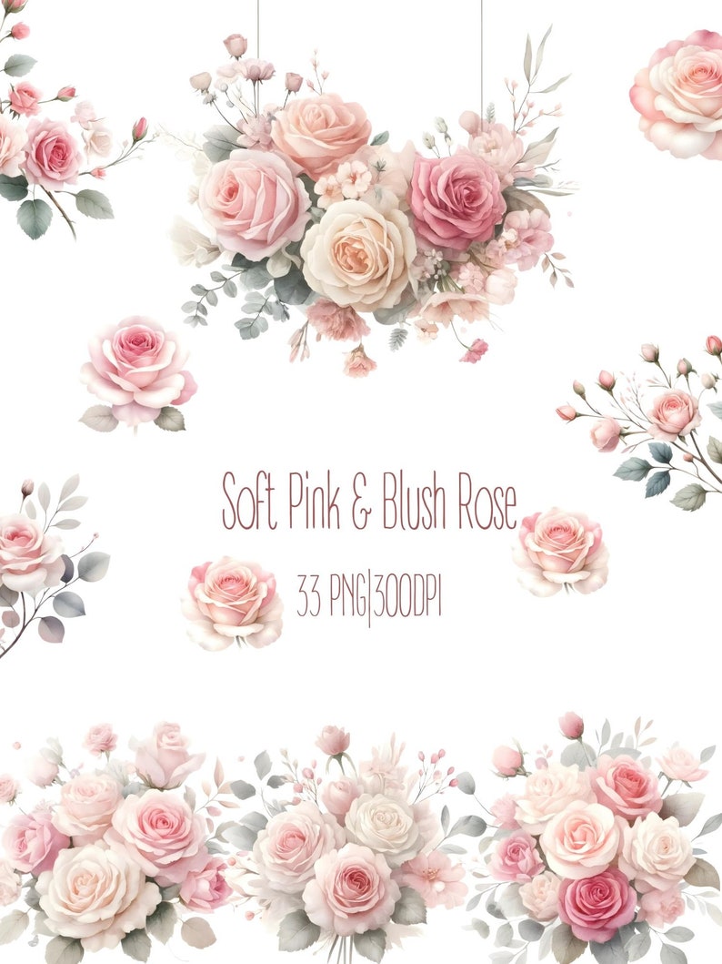 Watercolor Pink Rose Clipart: Floral Bouquet PNG - Etsy