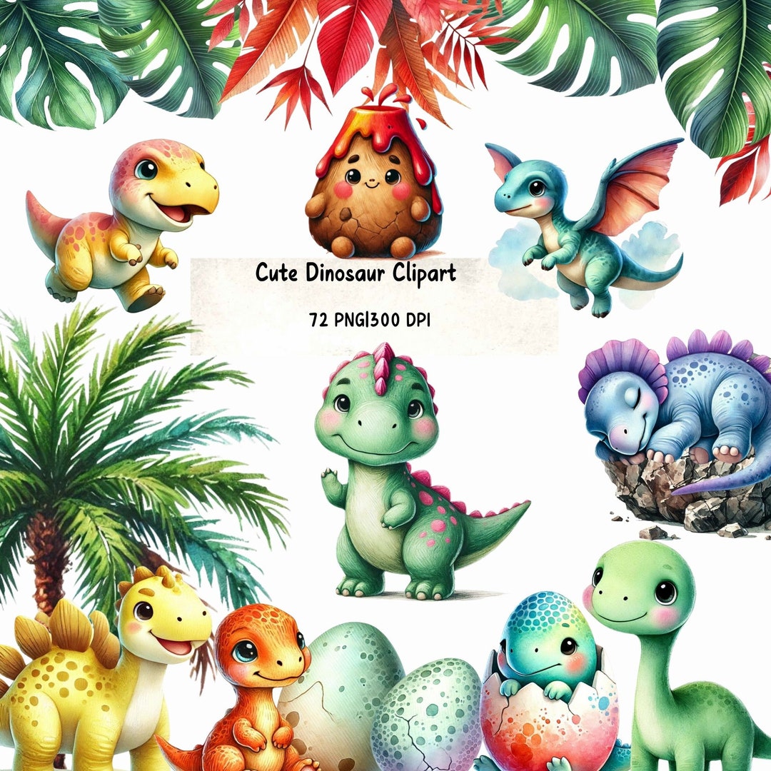Watercolor Dinosaur Clipart, Cute Dino PNG Set - Etsy