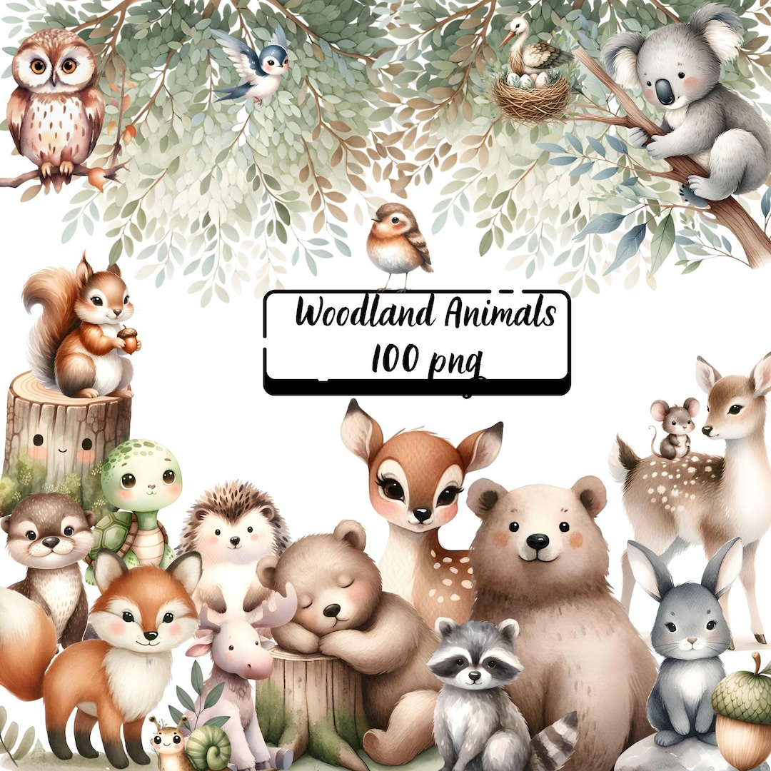 Watercolor Woodland Animals Clipart: 100 PNG Nursery Decor (digital ...