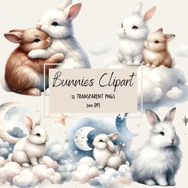 Cute Bunnies Clipart Watercolor Rabbit PNG Bunny Illustrations for Baby ...